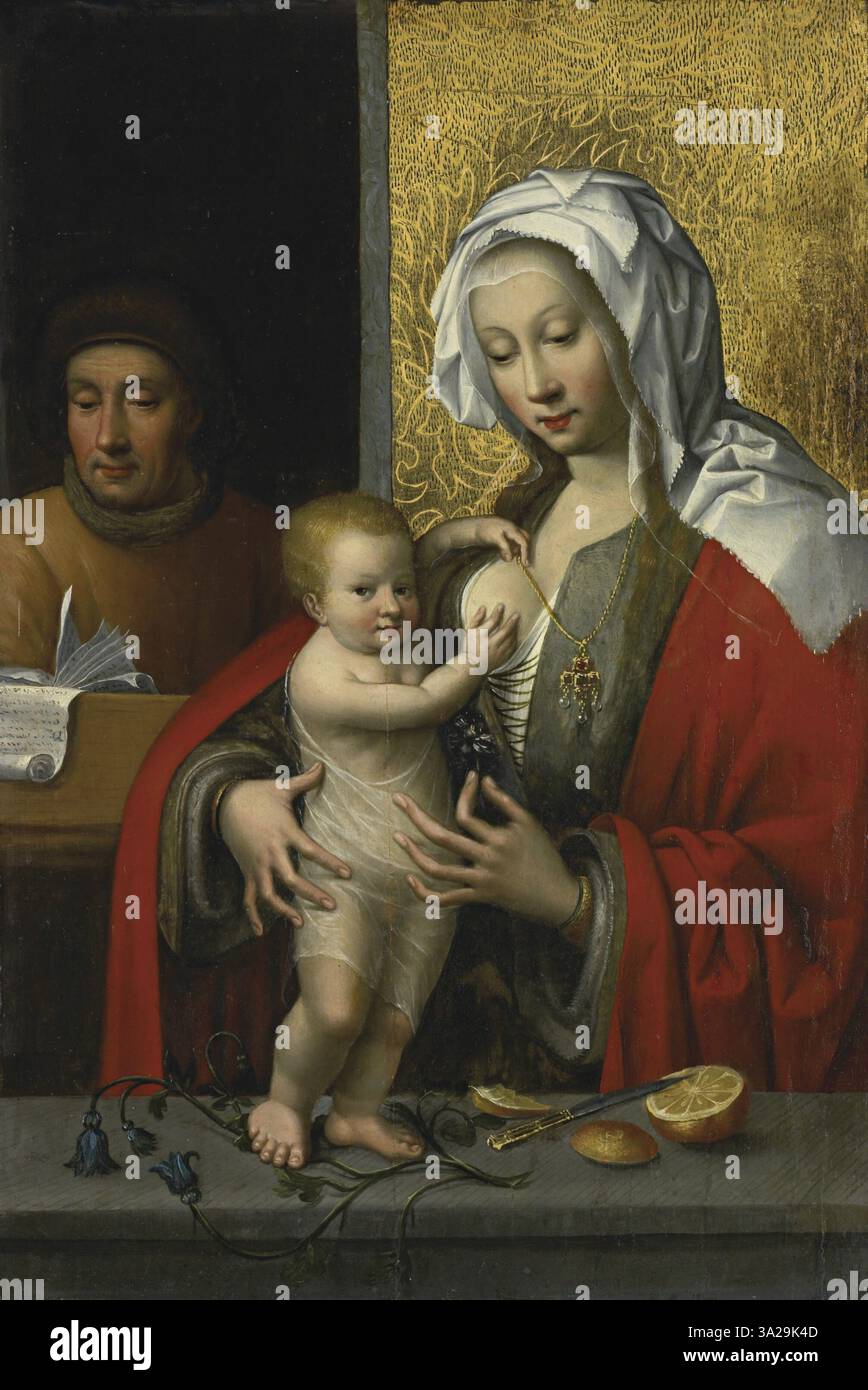 A depiction of the Holy Family, painted in the workshop of Joos van Cleve, featuring the Virgin ...