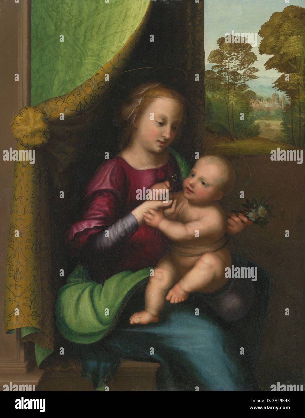 This painting by Mariotto Albertinelli features the Madonna and Child positioned beside a window ...