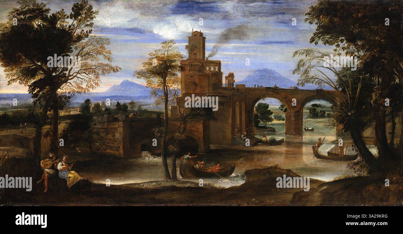 This landscape painting by Annibale Carracci features a Roman river ...