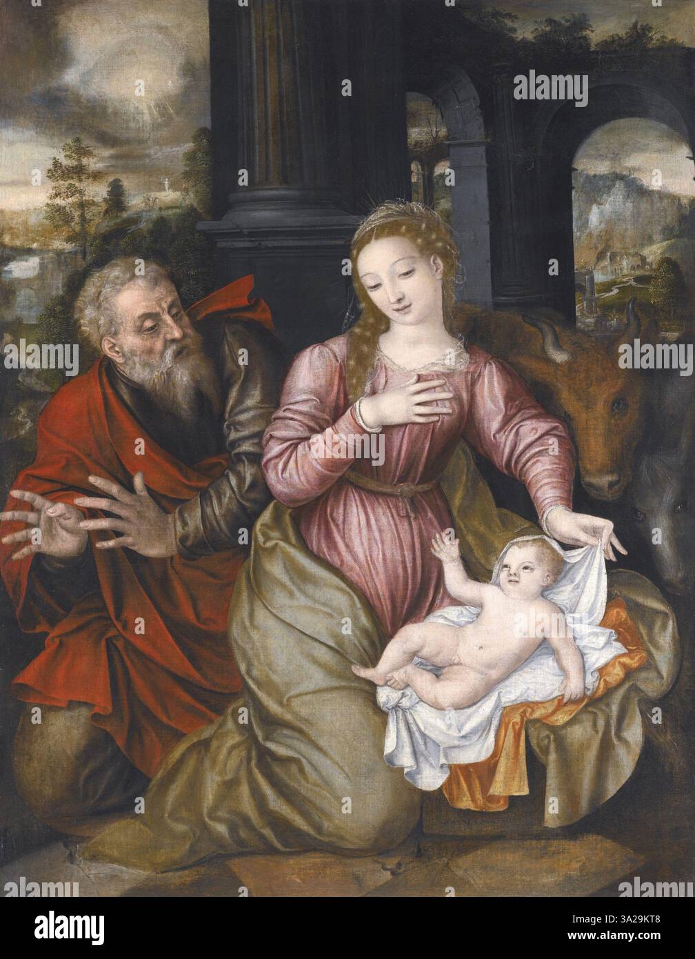 This painting by Jan Massys depicts the Nativity scene, illustrating ...