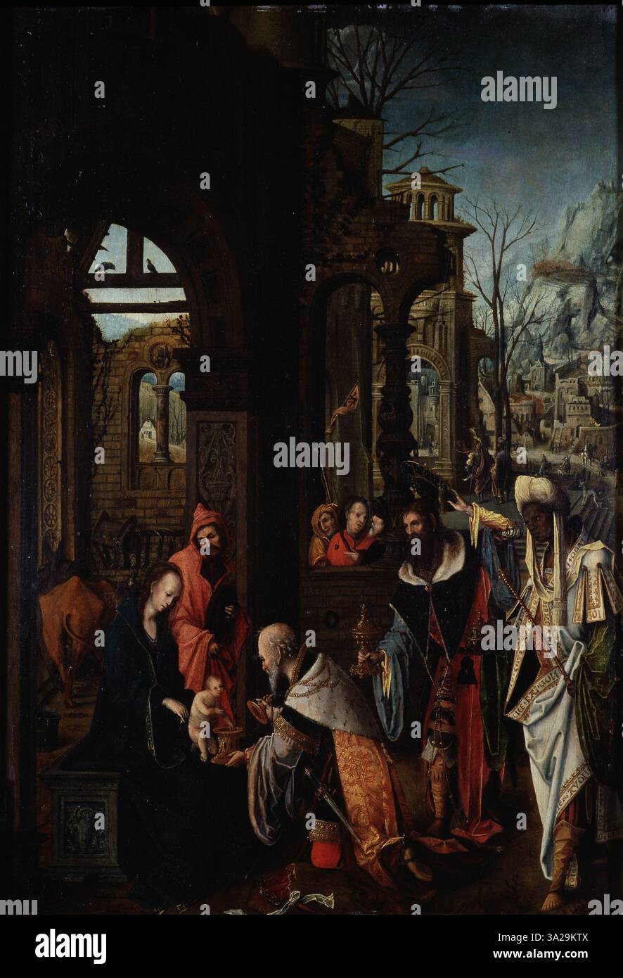 This painting, attributed to Pseudo-Blesius, depicts the Adoration of the Magi, a central ...