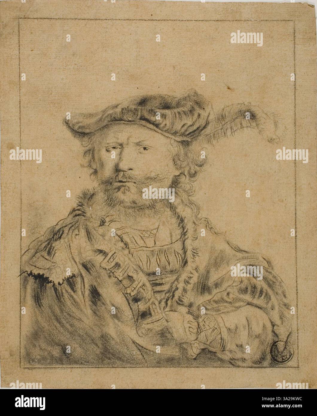 This self-portrait features Rembrandt wearing a plumed hat, capturing ...