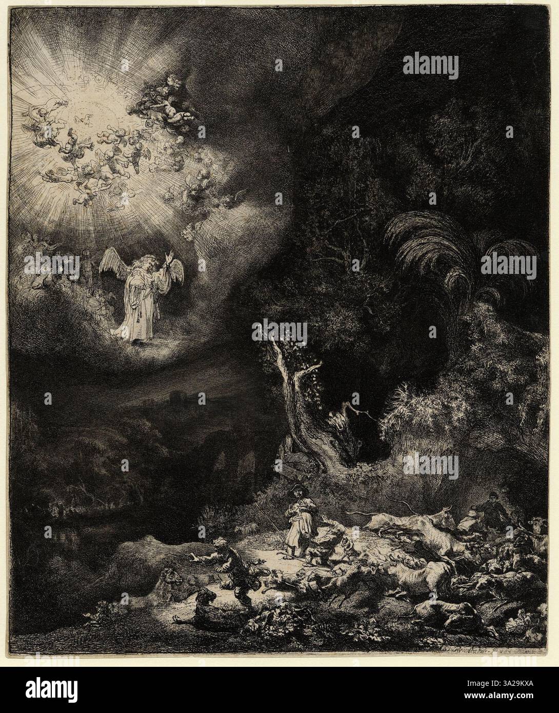 An etching showcasing Rembrandt's technique of fine linework and ...