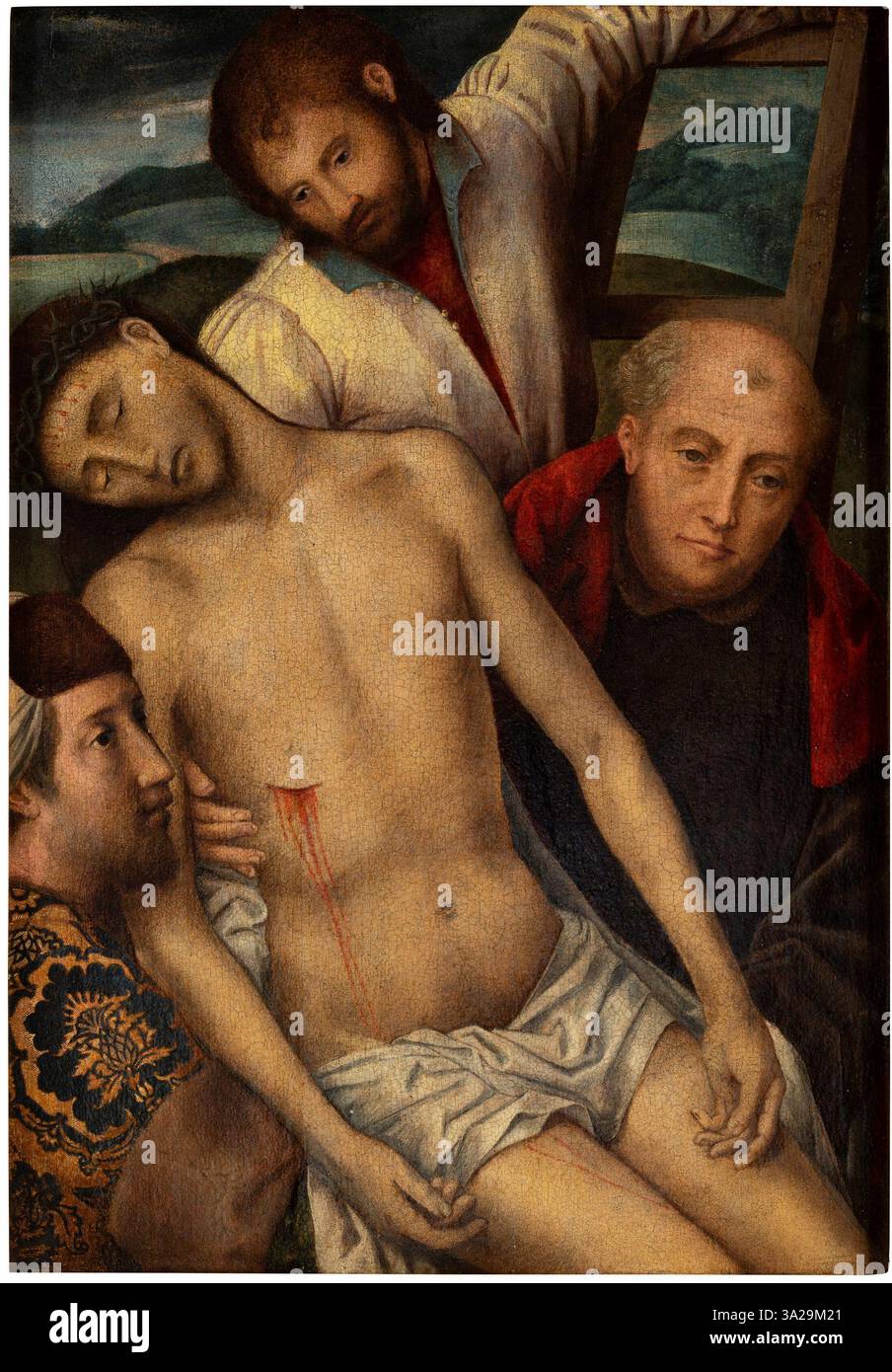 Attributed to a follower of Hans Memling, this painting depicts the deposition of Christ from ...