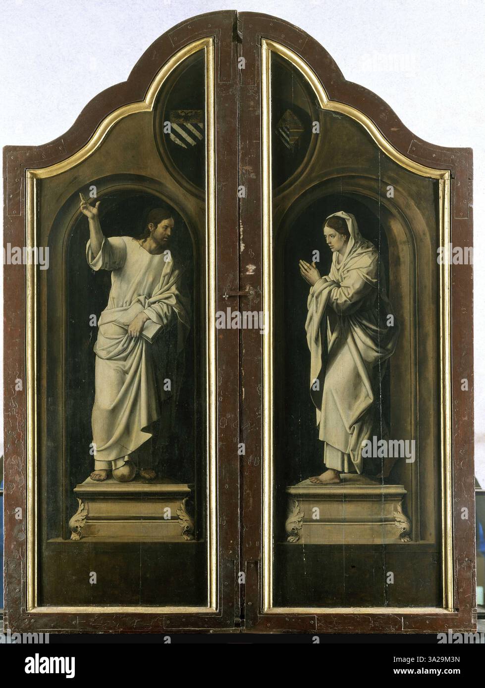 This triptych depicts the Virgin Mary with the Seven Sorrows, capturing ...