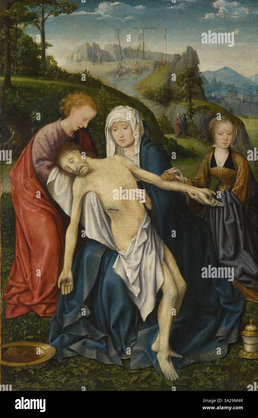 The Lamentation scene, attributed to Joos van Cleve, depicts the mourning of Christ after his ...