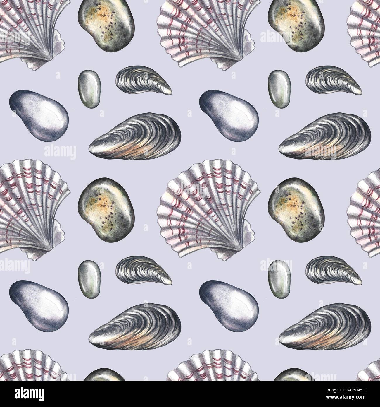 Seamless pattern with sea stones, mussels and scallops. A hand-drawn ...