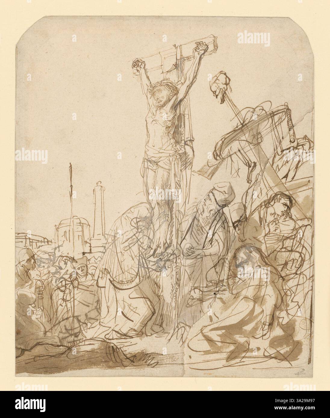 This painting portrays the crucifixion of Christ. The figure of Christ is depicted on the cross ...