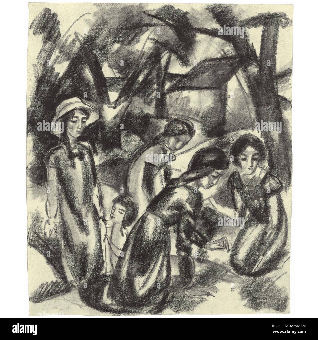 This painting portrays girls playing under trees, with their joyful ...