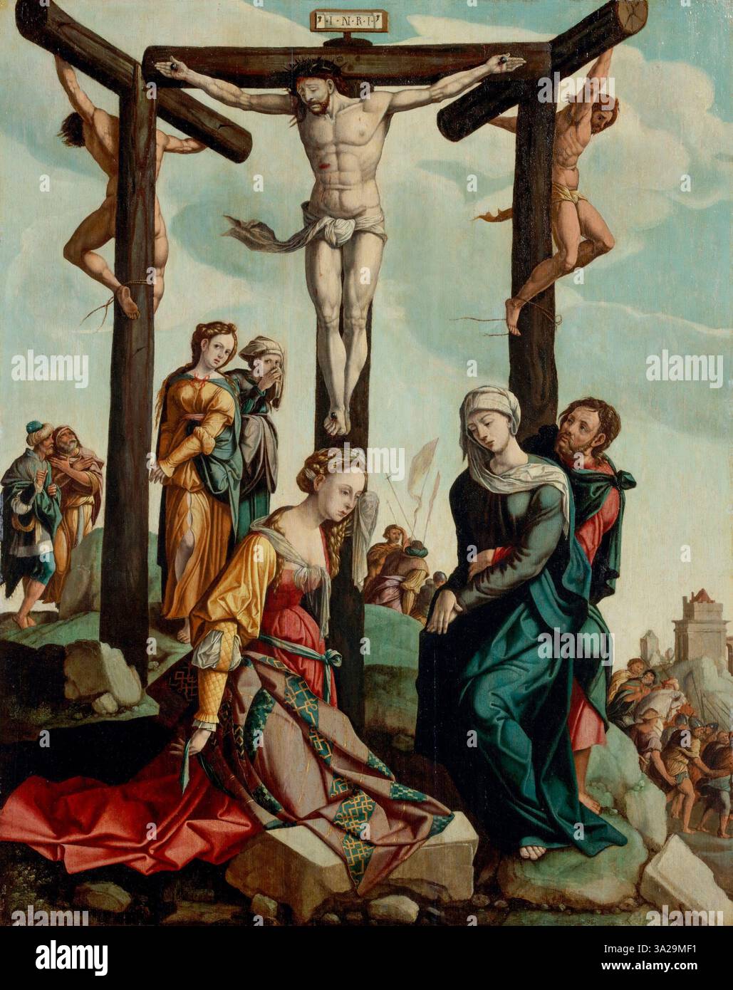 This 16th-century work, created by the workshop of Jan van Scorel, depicts the Crucifixion of ...