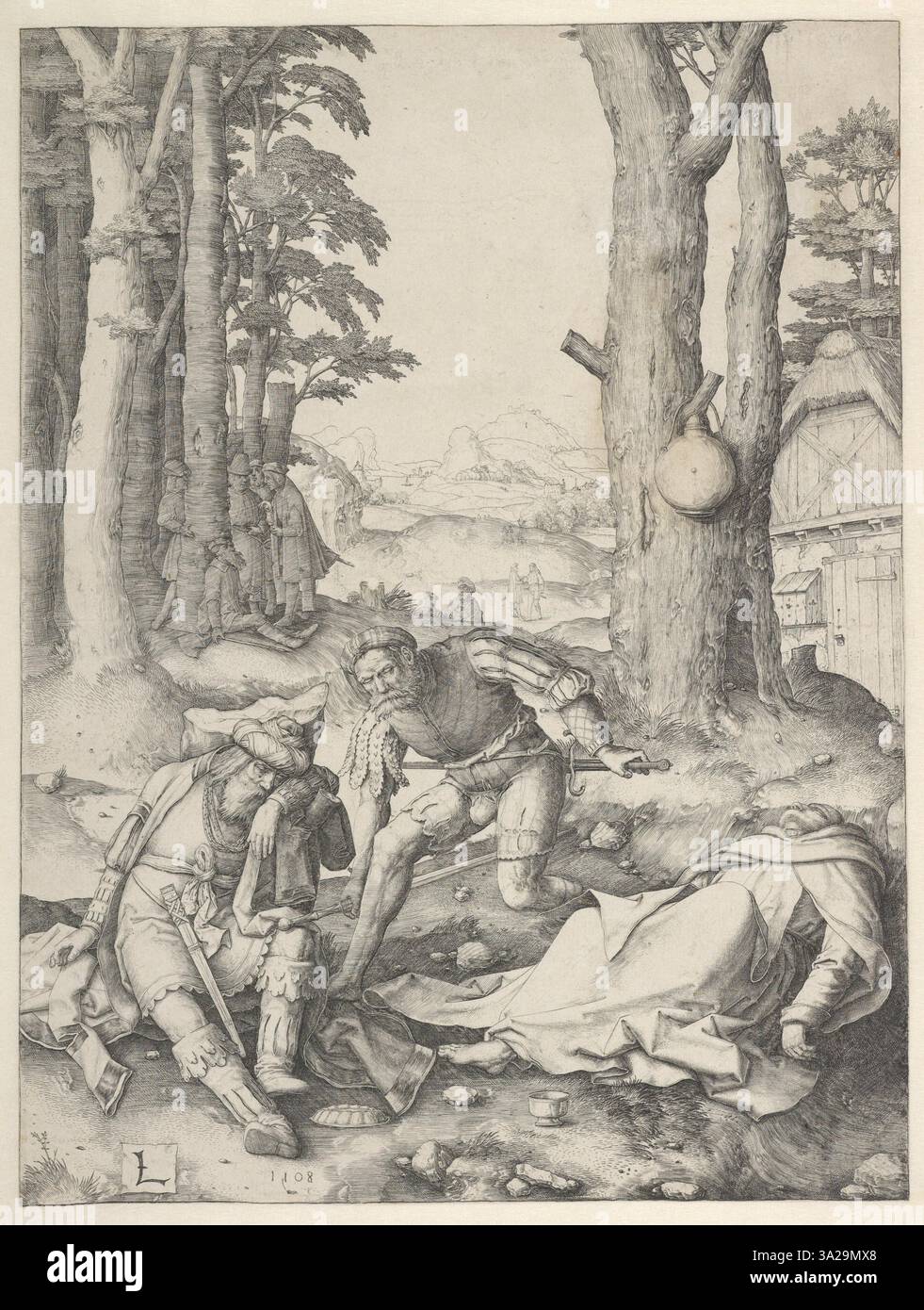 This engraving by Lucas van Leyden features a meticulously detailed ...