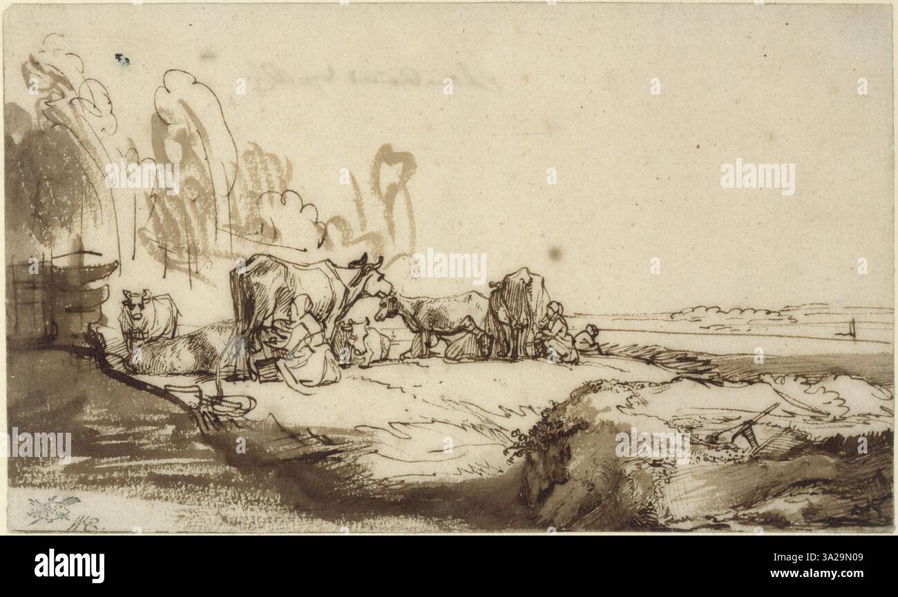 This pastoral scene by Rembrandt depicts cows grazing in a field, with ...