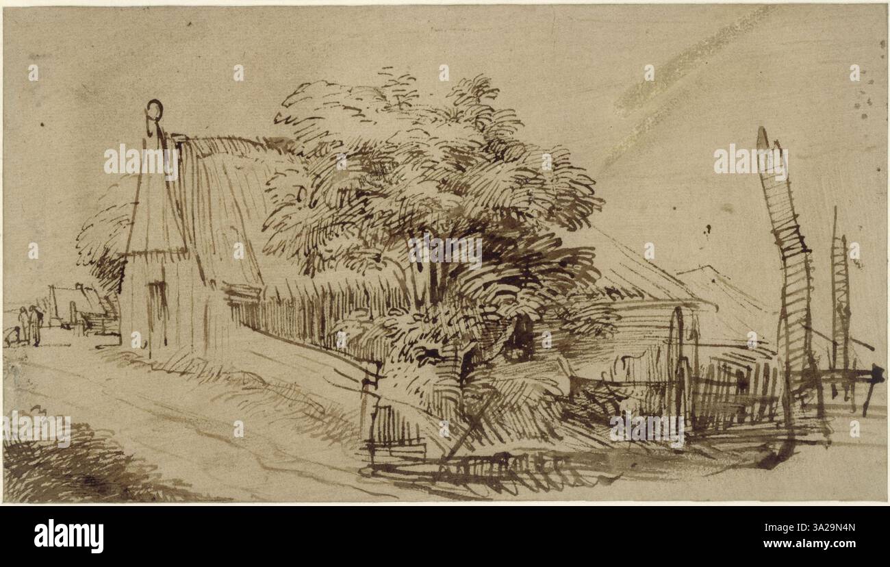 This landscape by Rembrandt features a hut along an upward sloping path ...