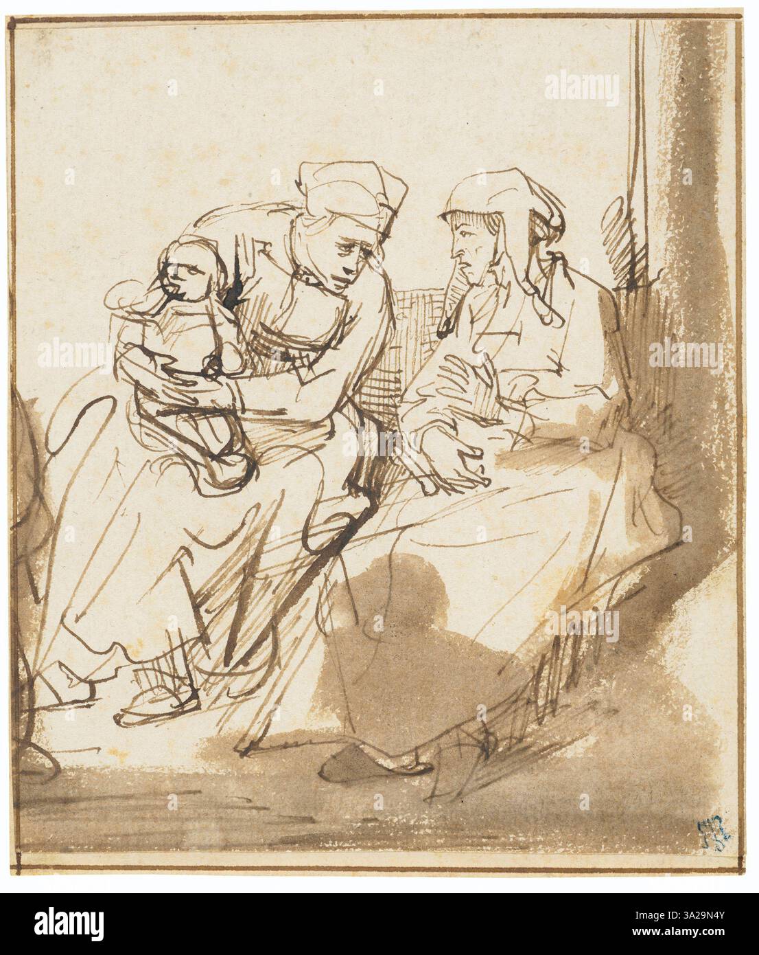 This artwork shows two seated women, one holding a child, capturing a ...