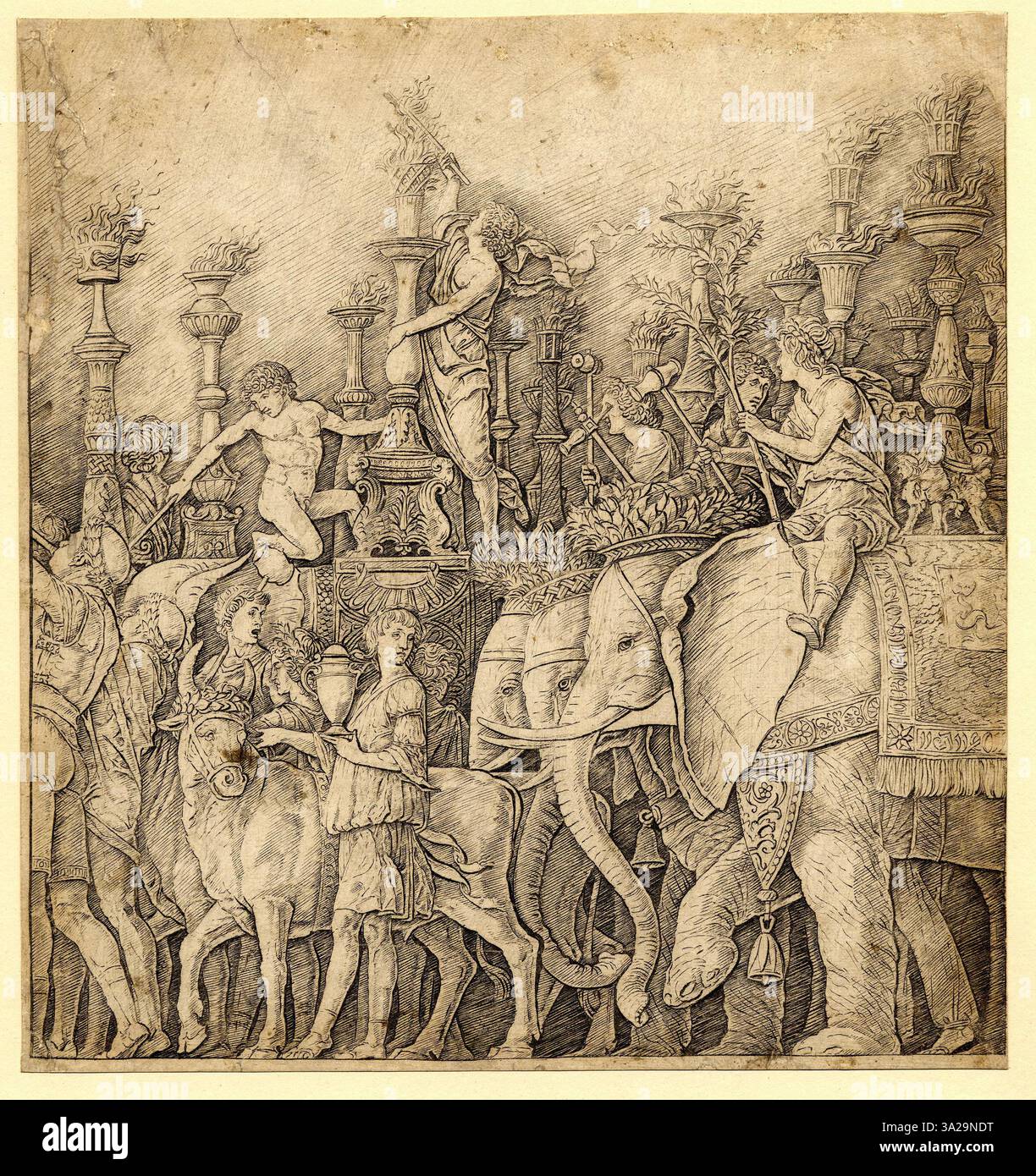 This artwork portrays Caesar’s triumph with three elephants in the ...