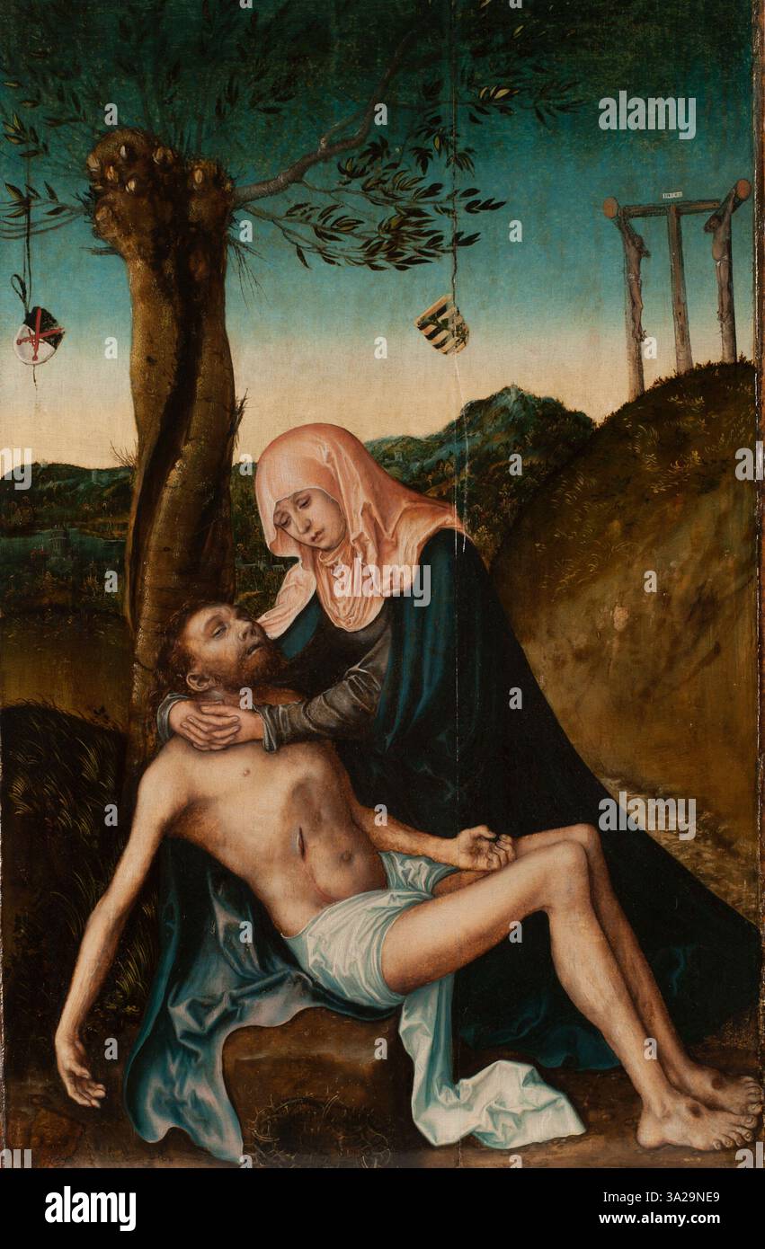 The 'Pietà' by Lucas Cranach the Elder depicts the Virgin Mary holding the lifeless body of ...