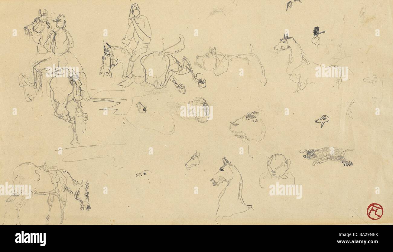 This sketch, titled 'Croquis (recto),' shows Toulouse-Lautrec’s quick ...