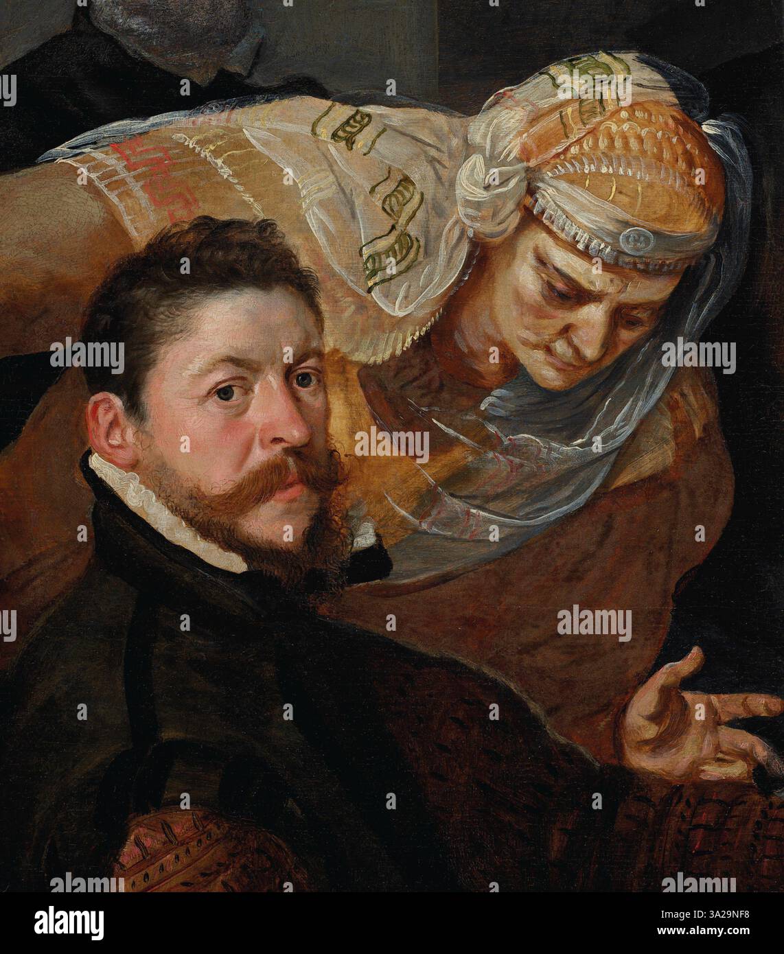 This painting portrays an artist seated with a woman leaning over his ...