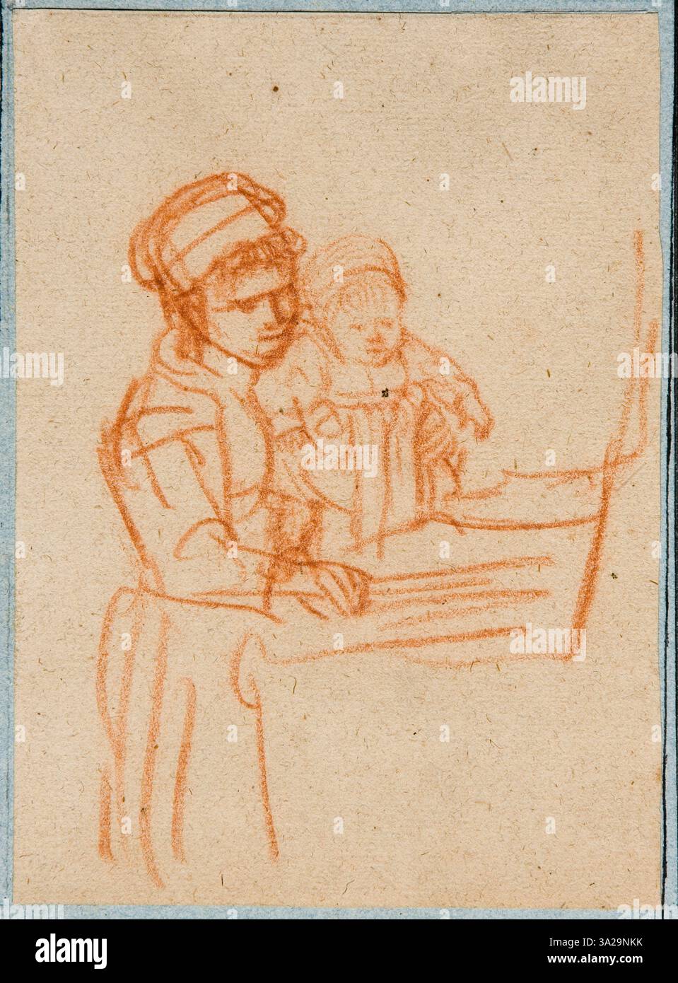 A drawing of a woman holding a child, rendered in sanguine on paper ...