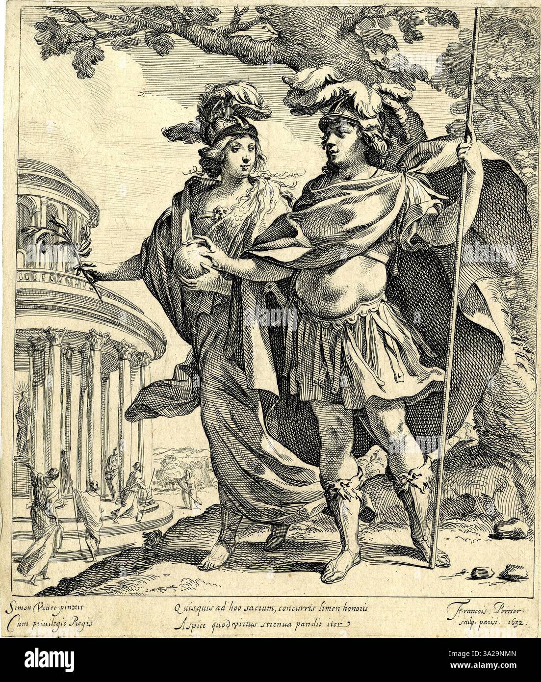 This allegorical scene features Minerva guiding a young man, likely ...