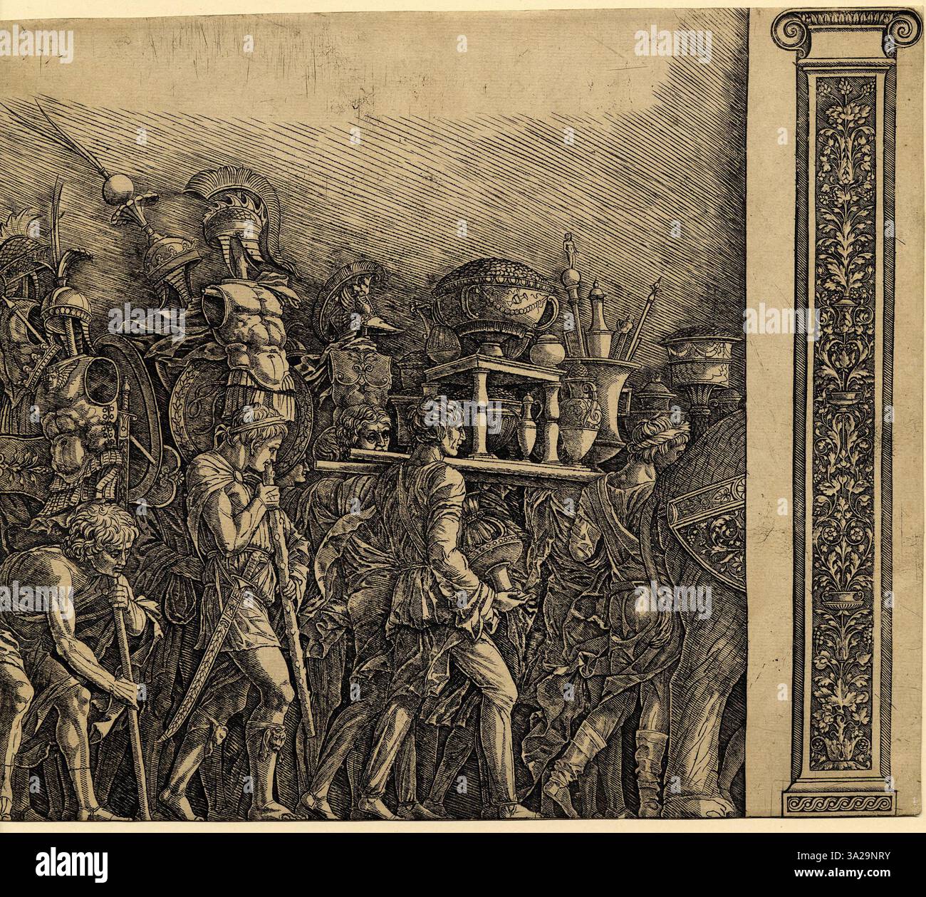 This reproduction of Mantegna’s Triumph of Caesar depicts soldiers with ...