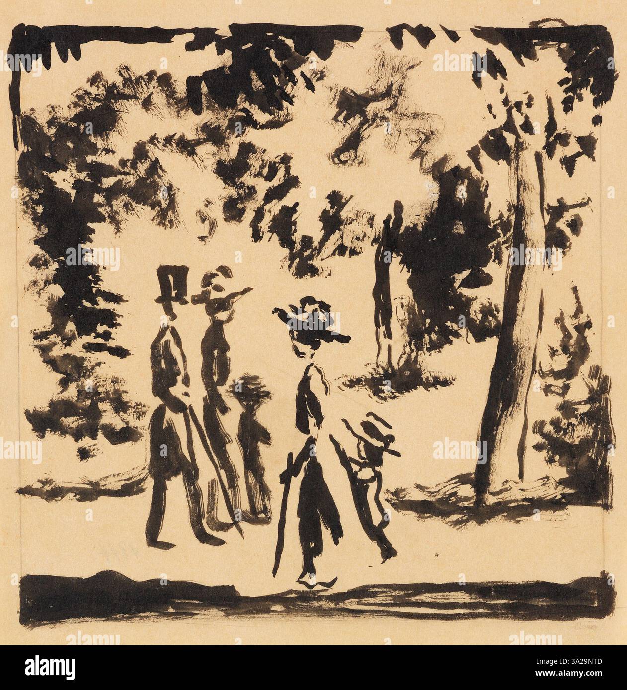 This painting depicts two figures walking in a park, with the lush ...