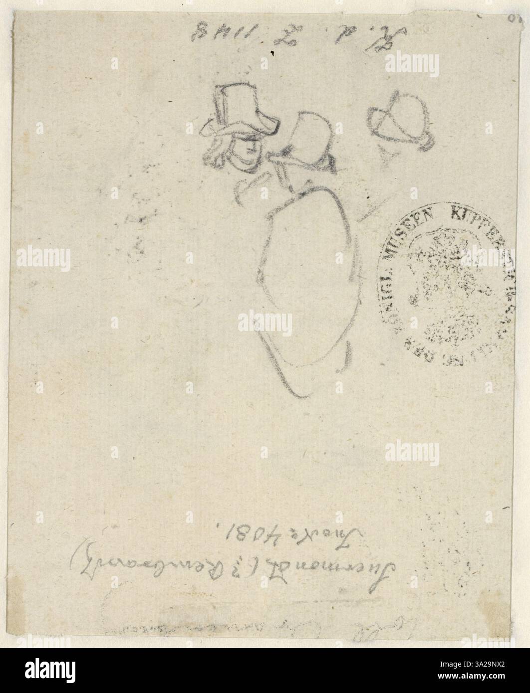 This drawing features the heads of three men wearing hats, emphasizing ...