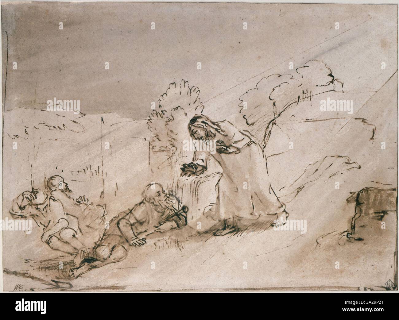 This artwork depicts Christ finding his disciples asleep in the Garden ...