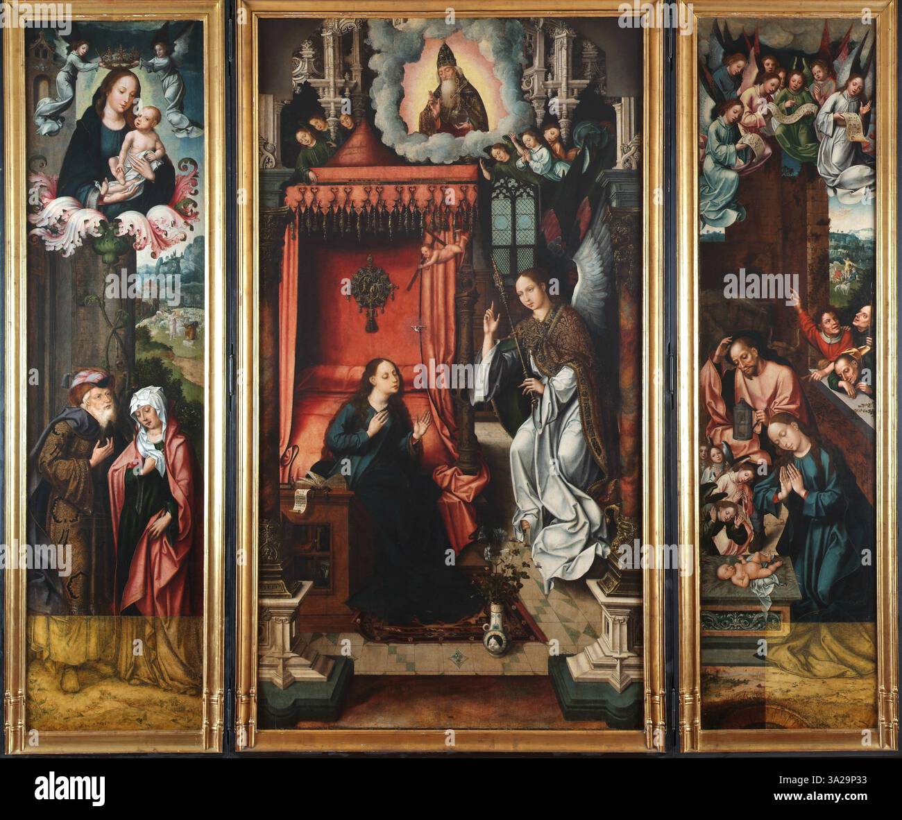 The 'Triptych of the Incarnation' by Joos van Cleve and his collaborators, painted between 1510 ...