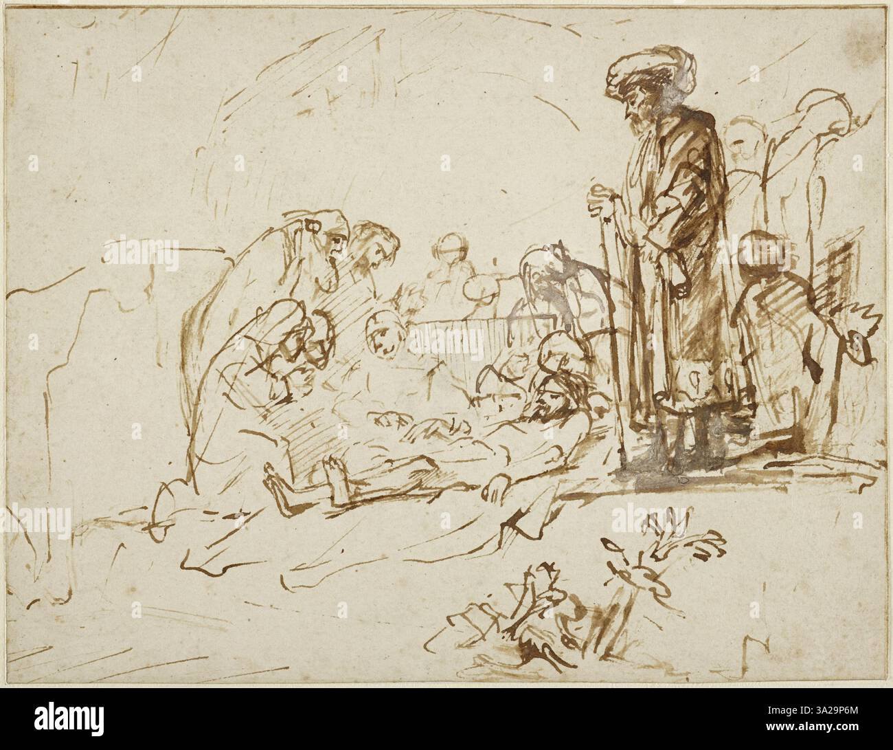 This artwork depicts the lamentation of Christ with a full-dressed elderly man at the right ...