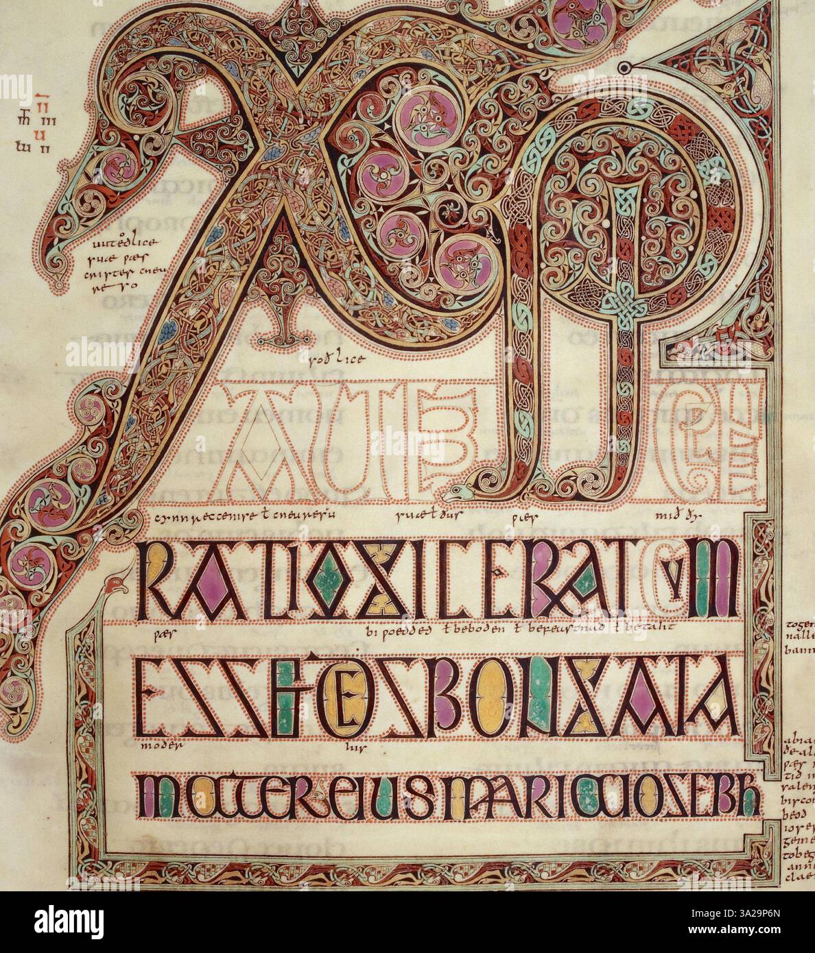 A page from the Lindisfarne Gospels featuring the Chi Rho monogram, a ...