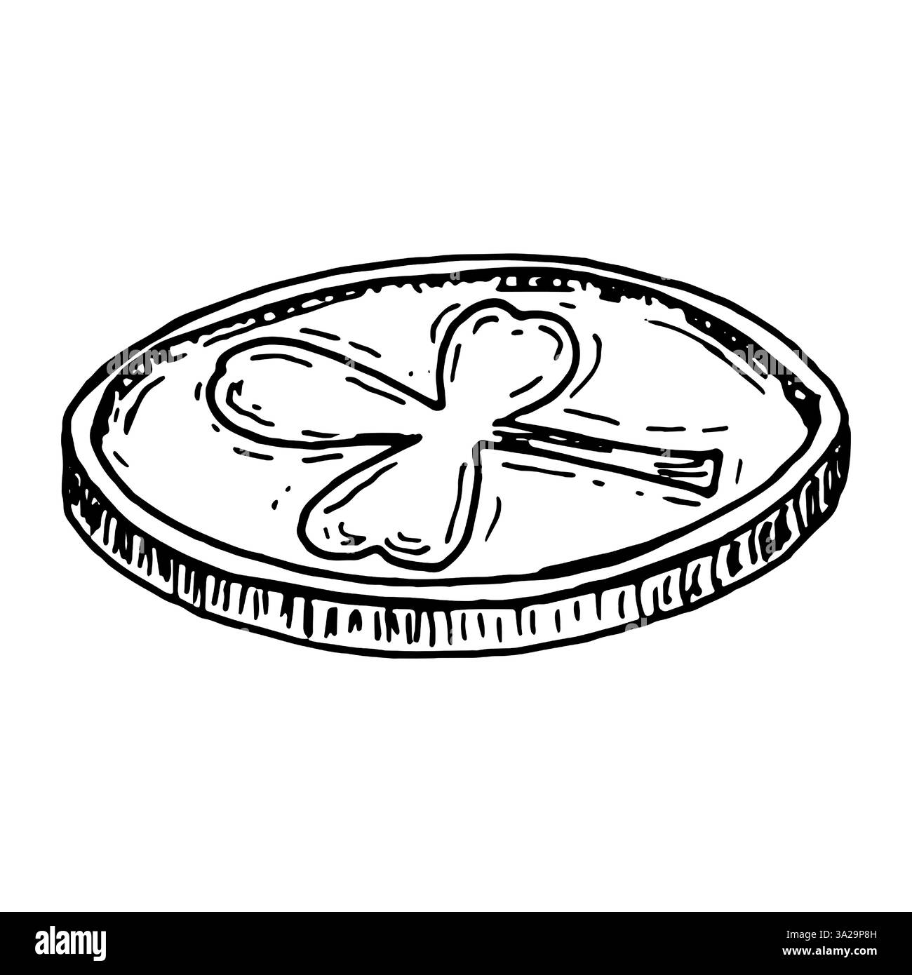 Black and white hand-drawn illustration of a slightly tilted coin ...