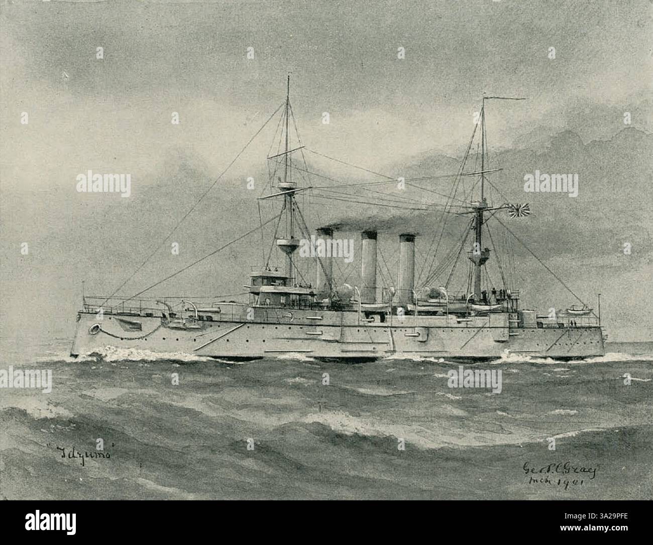 The illustration of the Japanese cruiser Izumo from the 1901 edition of ...