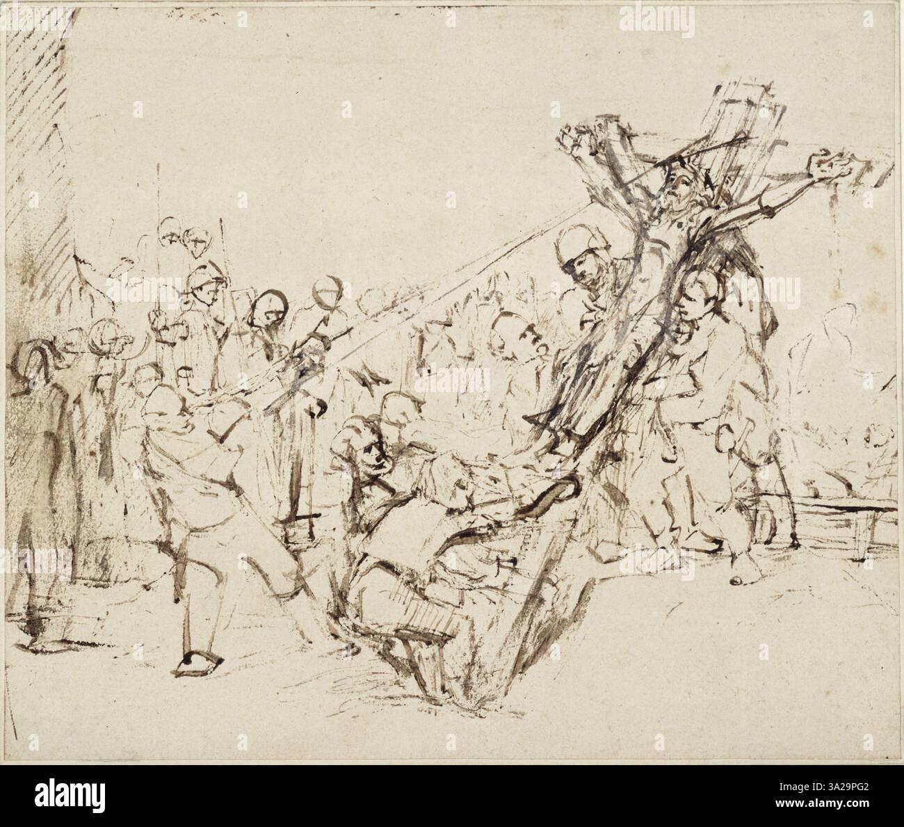 This artwork depicts the Crucifixion, a central moment in Christian ...