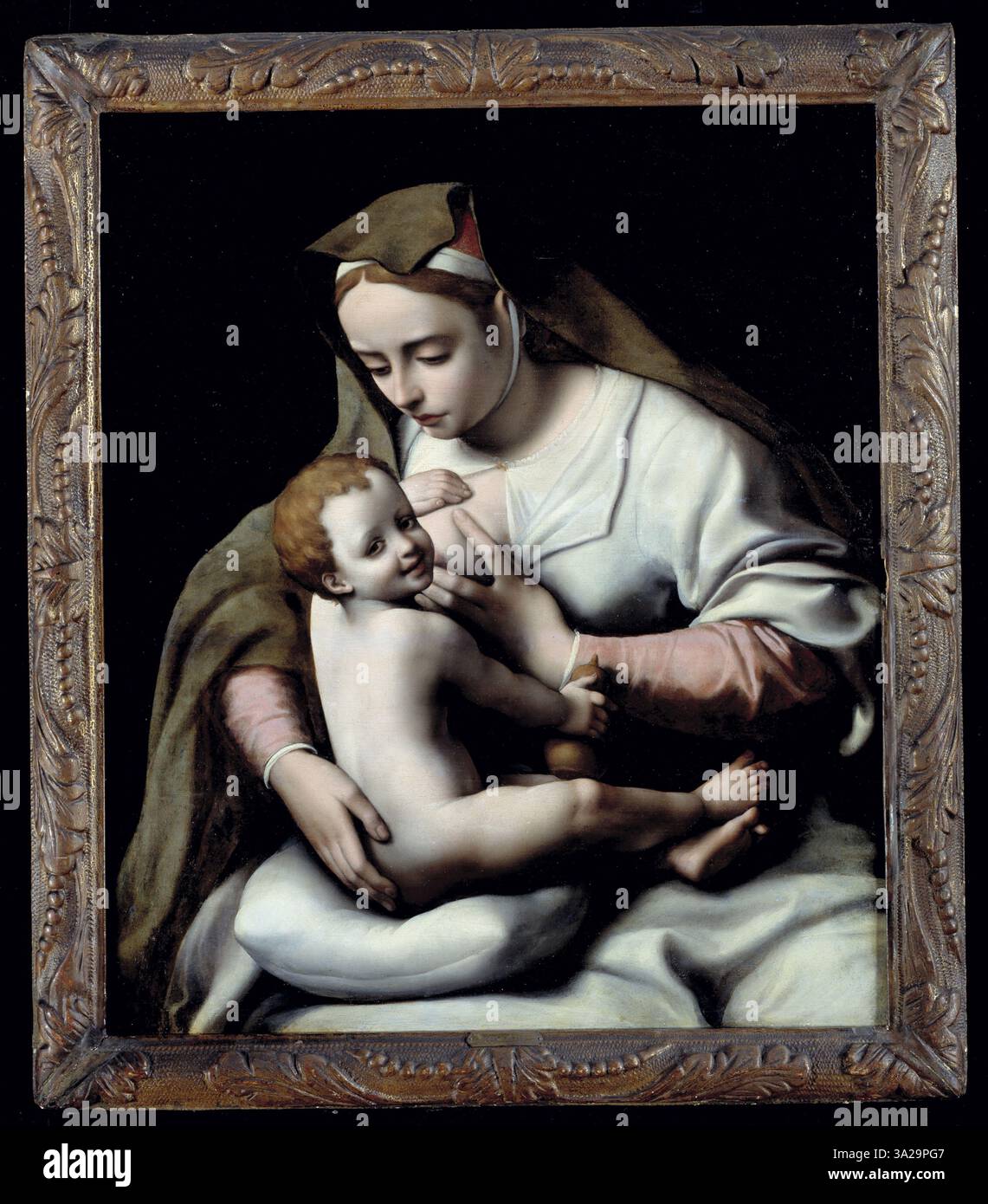 This painting by Cornelis van Cleve, created between 1545 and 1554, depicts the Virgin Mary with ...