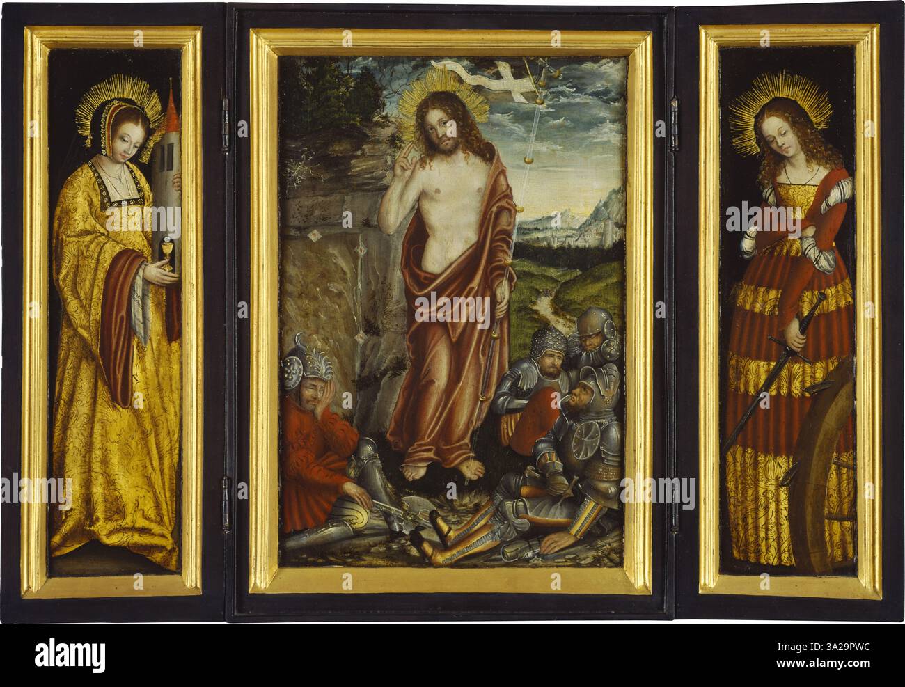This altarpiece, created between 1508 and 1509, features the Resurrection of Christ as the ...