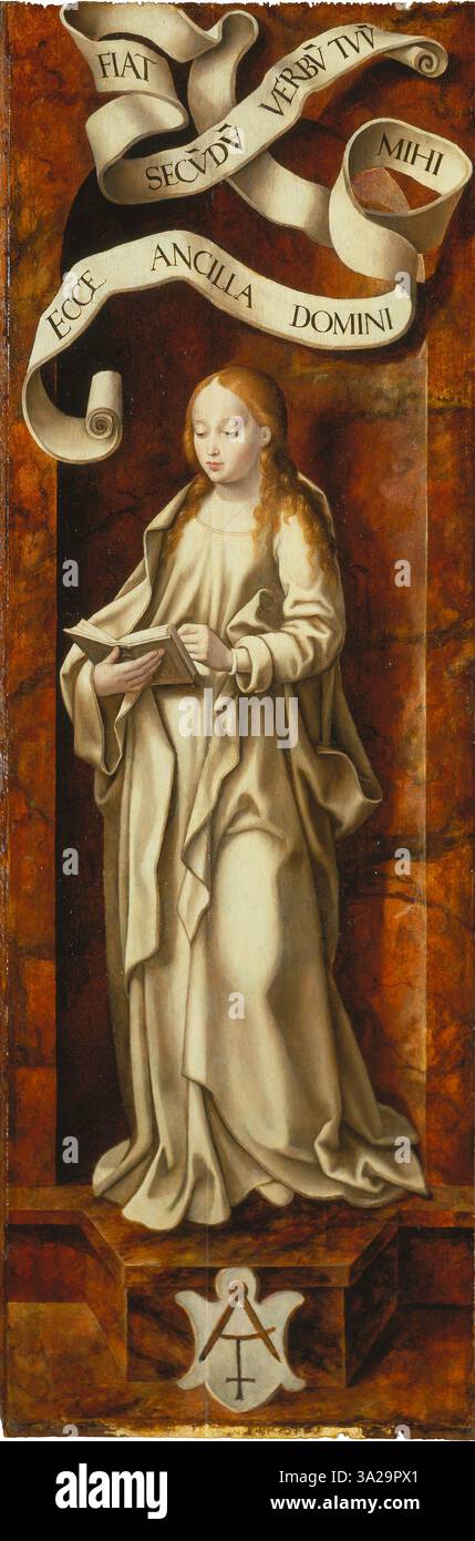 This 1524 painting by Joos van Cleve represents the Annunciation, where the Virgin Mary is ...