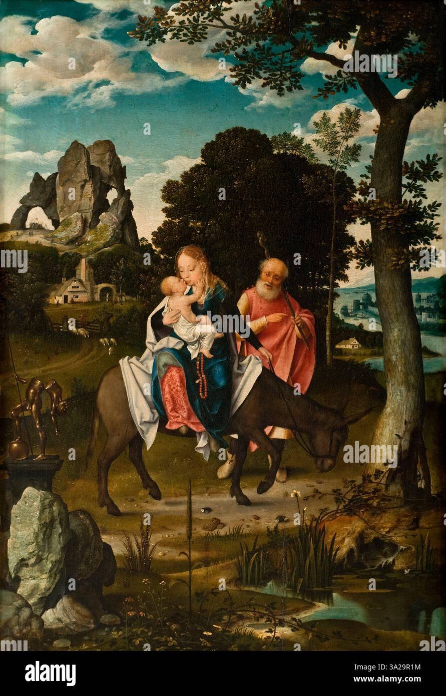 Joos van Cleve's 'Flight into Egypt' shows the Holy Family fleeing to Egypt to escape King Herod ...