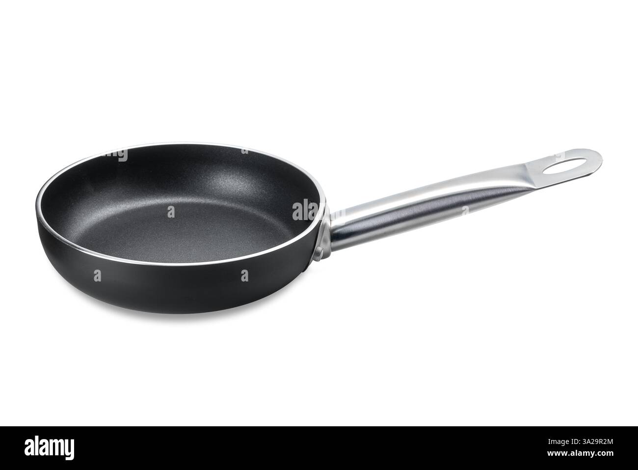 Black nonstick pan with stainless steel handle isolated on white with ...