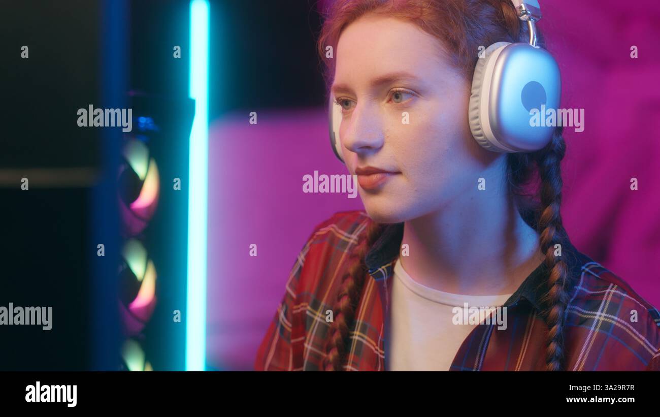 Close up Caucasian woman girl streamer gamer cyber gaming addiction ...