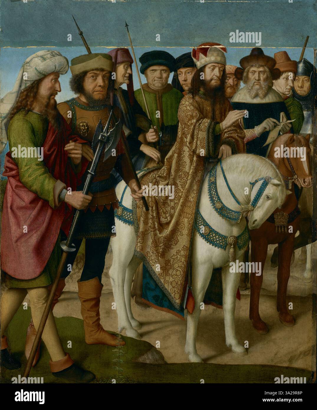 This painting by Gerard David portrays the biblical scene of Pilate and ...