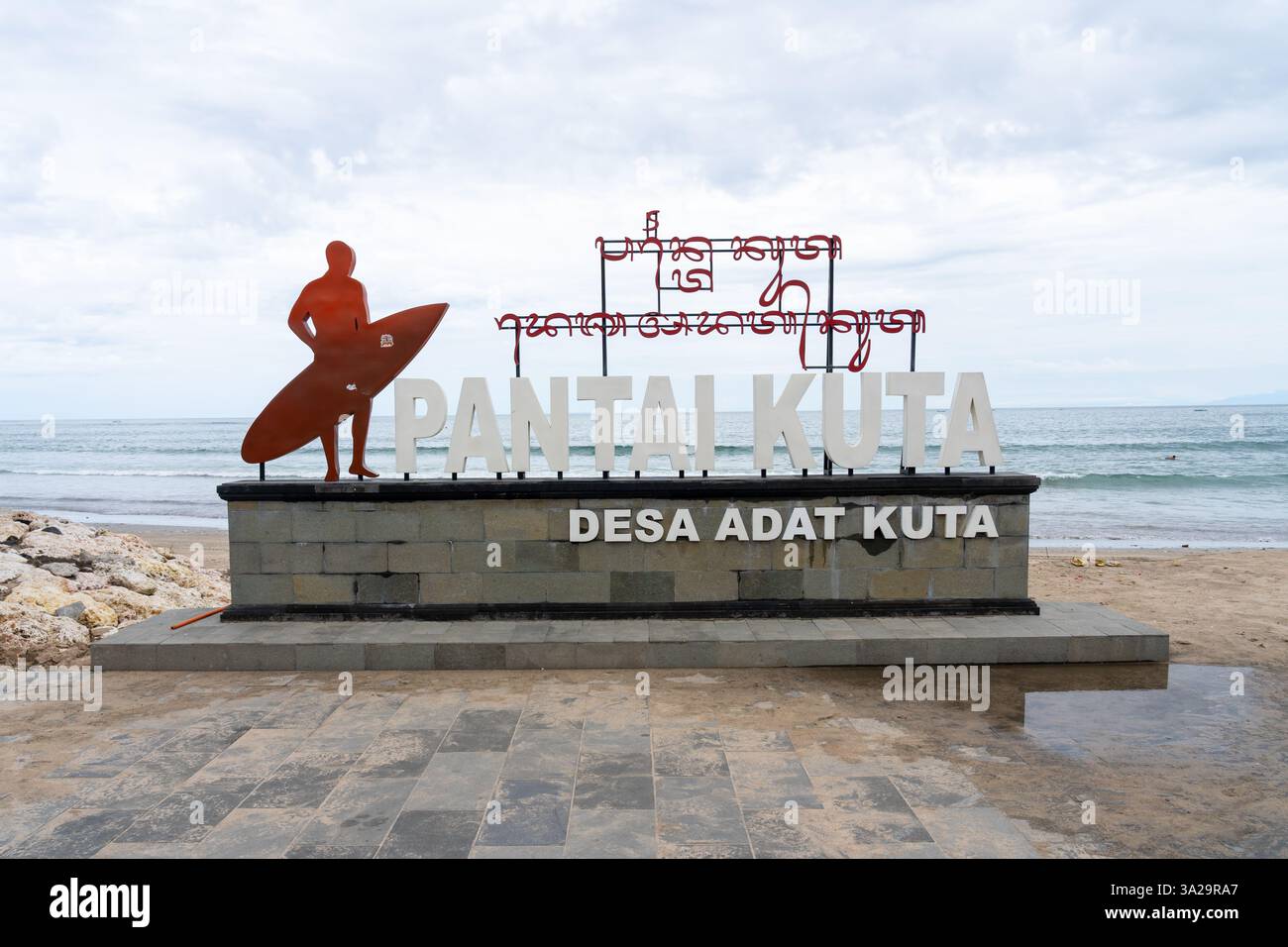 Pantai Kuta (Kuta Beach) ground sign on the beach in Bali, Indonesia ...