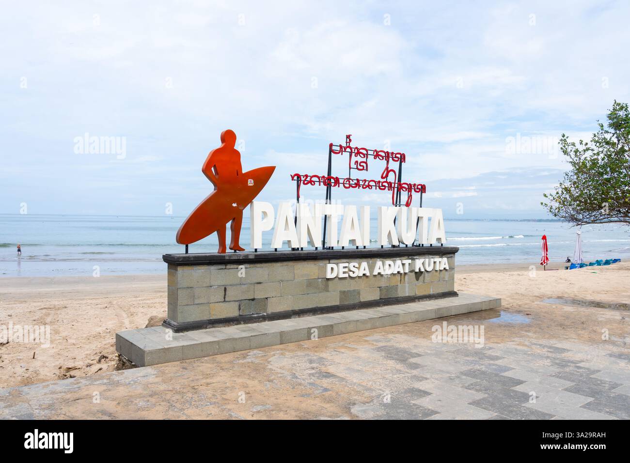 Pantai Kuta (Kuta Beach) ground sign on the beach in Bali, Indonesia ...