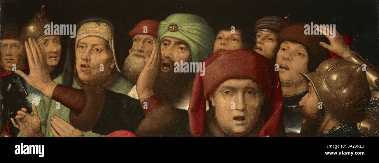 This fragment of a painting by Hans Memling depicts a mocking crowd ...
