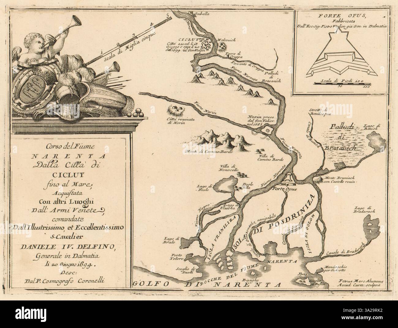 Vincenzo Coronelli's 1694 map illustrates the course of the Neretva ...