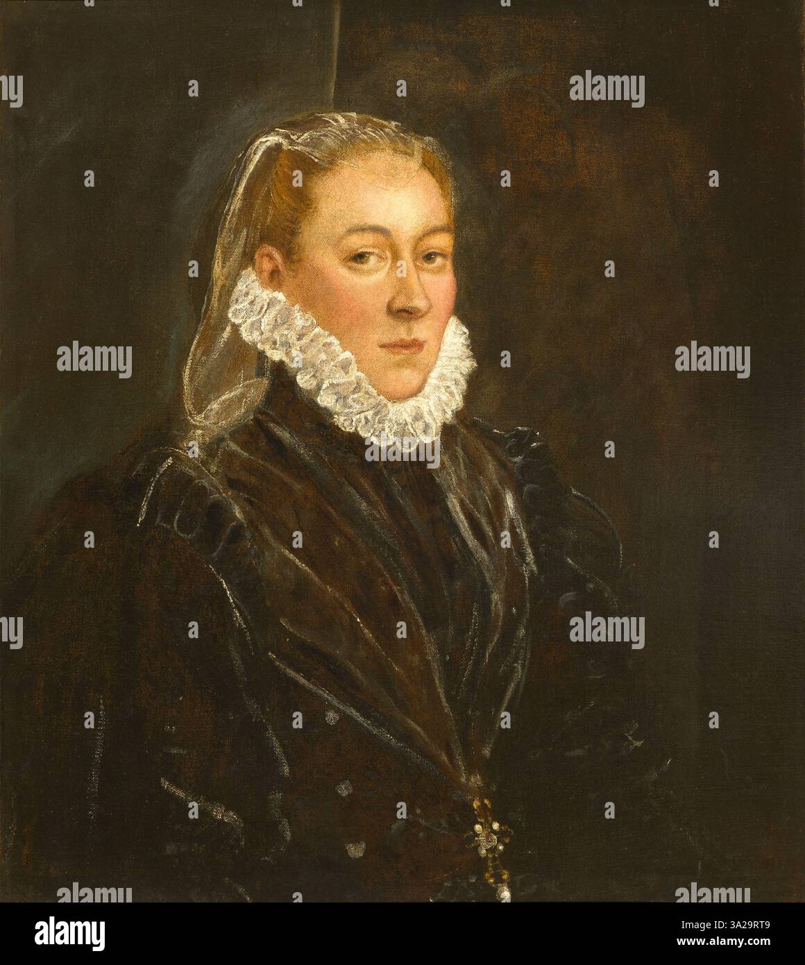 This portrait features a lady in refined attire, her expression ...