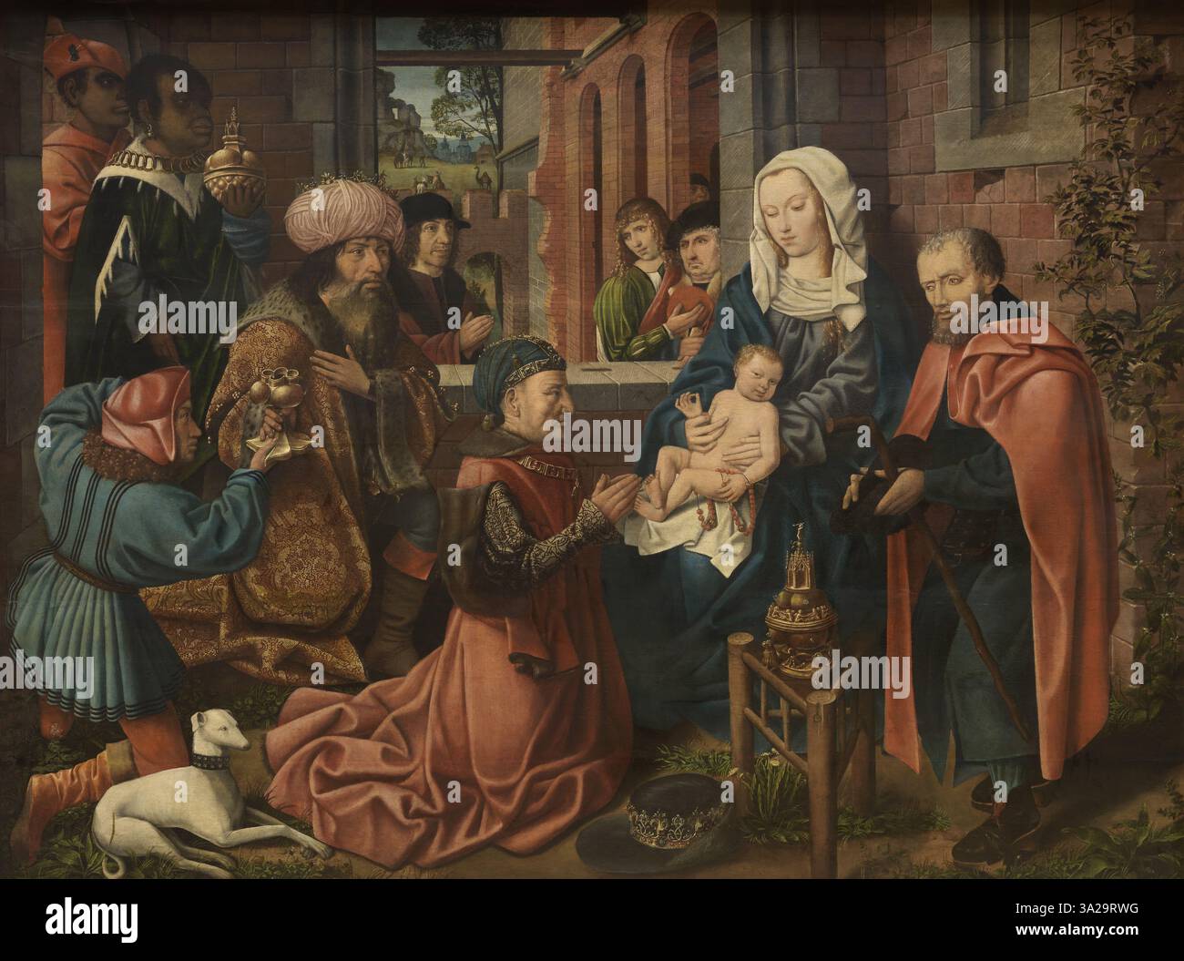 The painting 'The Adoration of the Magi' by the Master of Frankfurt, circa 1493, depicts the ...