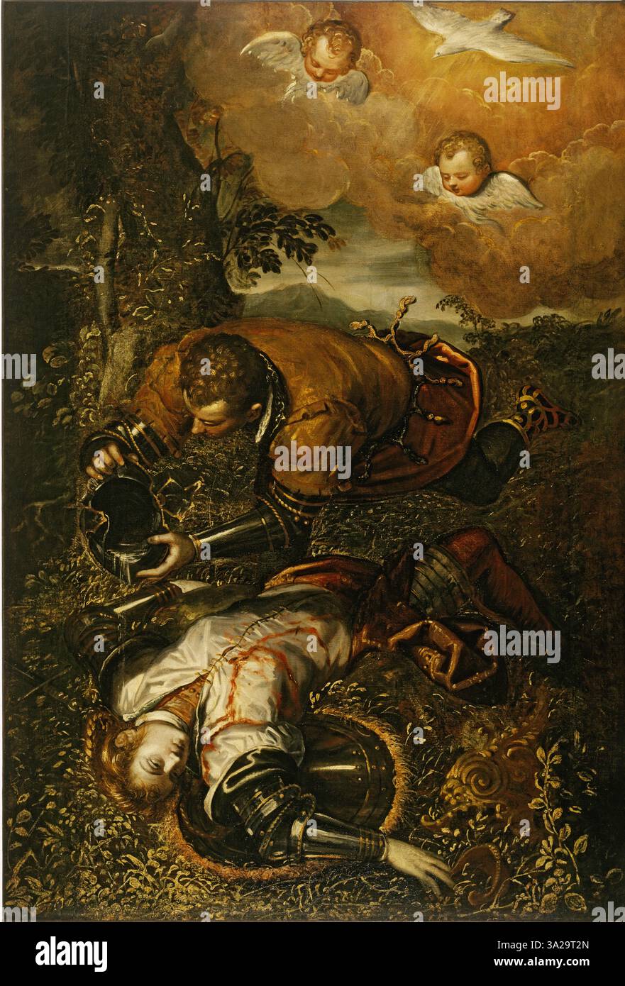 This painting depicts the dramatic moment of Tancred baptizing Clorinda ...