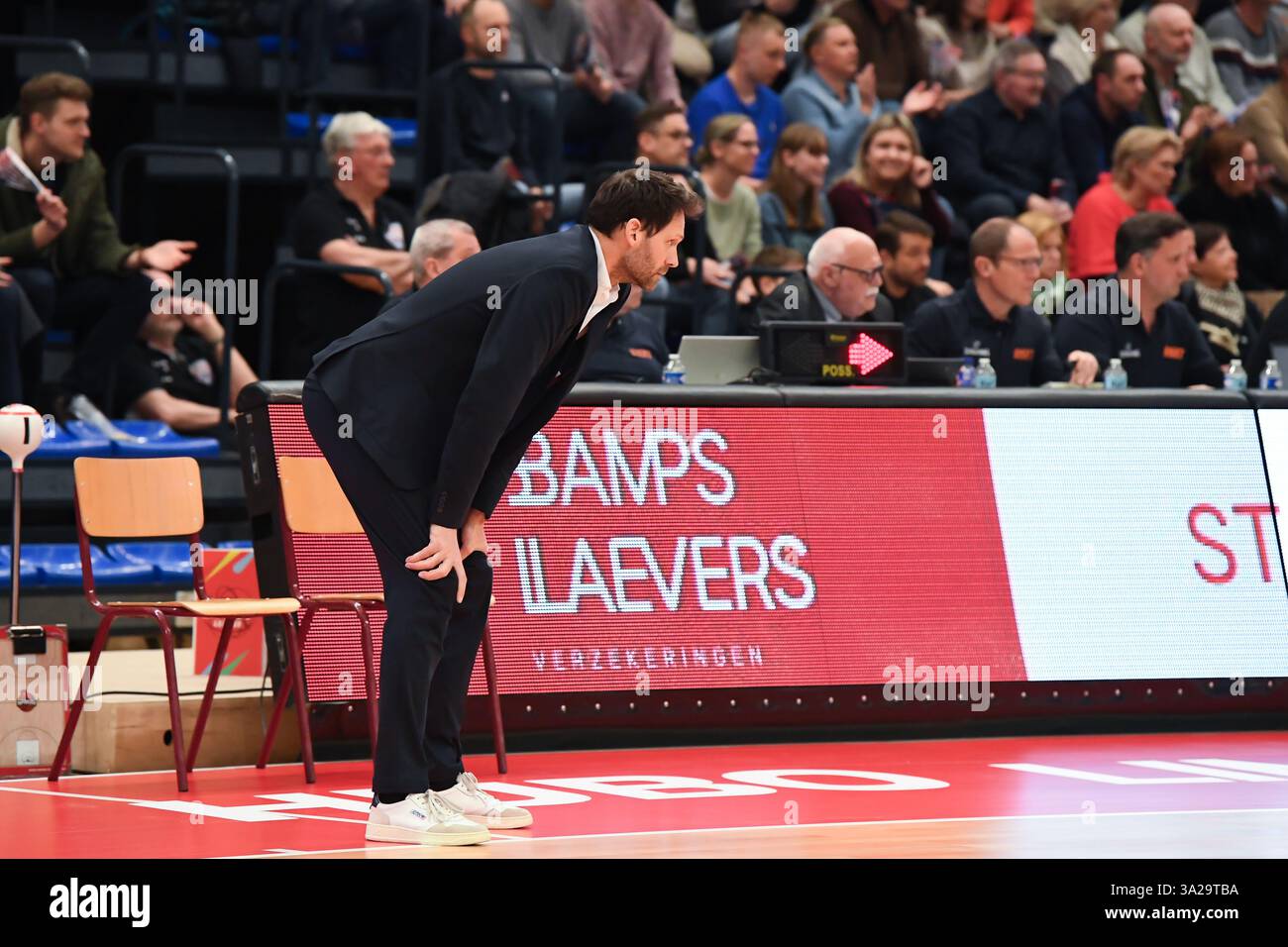 Spirou's coach Sam Rotsaert pictured during a basketball match between ...