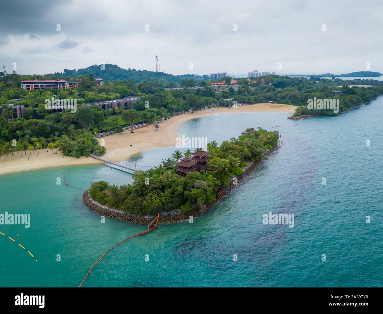 Sentosa island Palawan beach and Singapore panoramic view. Aerial drone ...